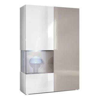 Vladon Vitrine Kommode Hochschrank Morena, Made in Germany, Korpus in Wei&szlig; matt/Rechte T&uuml;r und der Einsatz in Sandgrau Hochglanz, inkl. LED Beleuchtung