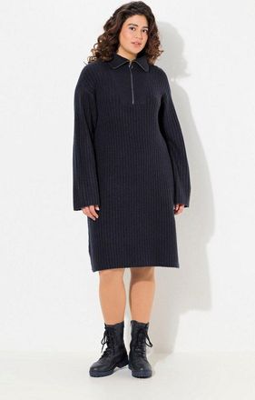 Ulla Popken Midikleid Strickkleid A-Linie Rippstrick Troyerkragen