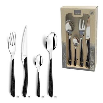 Amefa Ménagère 24 couverts de table pour 6 personnes - Eclat Nature - Acier inoxydable 18/0, Finition Brillante - Bois Noir