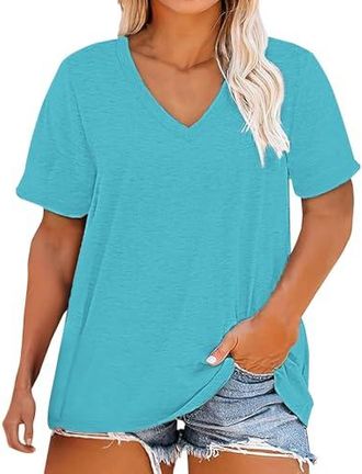 Generic Femme Tee Shirt Sport D&eacute;contract&eacute;e Chic T-Shirts Haut &Agrave; Manche Courte D&eacute;t&eacute; Loose Basique Tee-Shirt Grande Taille Confortable Col en V Tops Blouse Et &Agrave;