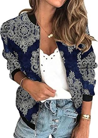 Minetom Veste Femme Motard Blouson Printemps Été Léger Bomber Blouson Outwear Zippé Imprimé Floral Court Jacket A Marine XXL