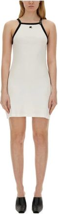 Courr&egrave;ges Femme, Robes, Blanc, Taille: 38 FR Buckle Contrast Dress