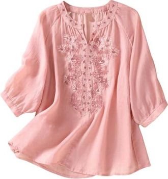 Generic Chemisier Coton et Lin Manches Courtes pour Femme Blouses Ample Col Rond Tunique D&eacute;t&eacute; Boh&egrave;me Folklore Vintage Broderie Top Hauts L&acirc;che Respirant T-Shi