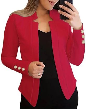Generic Gilet Blazer à Manches Longues Grande Taille pour Femme, Rouge, Ouvert sur Le Devant, idéal pour Le Bureau ou Une Tenue décontractée Professionnelle. 