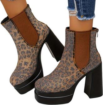 Generic Bottines Femme &agrave; Talon Compens&eacute; Plateforme avec Strass et Imprim&eacute; L&eacute;opard Fermeture &Eacute;clair Arri&egrave;re pour &Eacute;l&eacute;gant (Brown, 42)