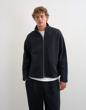 Topman Oberteil mit lockerer Passform, schwerem Material und Rei&szlig;verschluss-Stehkragen in Schwarz