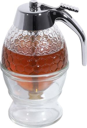 Contacto Honigdispenser Sirupdispenser, Sauberes, tropffreies Dosieren, mit praktischem Abstellgefäß, Pressglas, verchromte Kappe, Höhe 15 cm, Fassungsvermögen