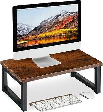 Relaxdays Monitorst&auml;nder, Bildschirmerh&ouml;hung f&uuml;r Schreibtisch, HxBxT: 15 x 40 x 23 cm, Industrial Design, braun/schwarz