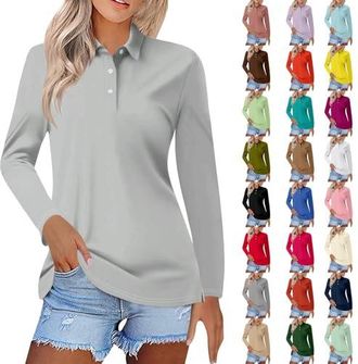 Generic Polo &agrave; manches longues en coton pour femme - Chemisier classique &agrave; manches longues - Chemise de tennis l&eacute;g&egrave;re - Couleur unie - Confortable - Col &agrave; rev
