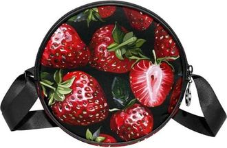 Generic Sac &agrave; bandouli&egrave;re rond pour femme, imprim&eacute; fraise rouge, petit sac &agrave; bandouli&egrave;re avec fermeture &eacute;clair, bretelles r&eacute;glables, sac &agrave; main rond d&eacute;contrac