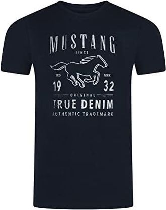 Mustang Jeans T-shirt dété pour homme - Coupe droite - Col rond - Manches courtes - Avec logo imprimé - En coton - Noir, blanc, bleu, gris, vert - Tailles S, M, L, 