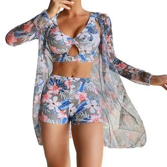 Generic T Schert Femmes Sexy Multicolore Imprim&eacute; Soutien-gorge sans Support en Acier Trois Pi&egrave;ces Ensemble Bikini Montre Num&eacute;rique, gris, XL