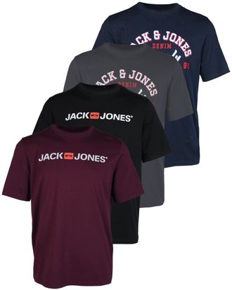 Jack & Jones Herren 4er Pack T-Shirts mit Aufdruck Baumwolle verschiedenen Logos (DE/NL/SE/PL, Alphanumerisch, S, Regular, Regular, 4er Pack (1x Black, 1x Port Roy