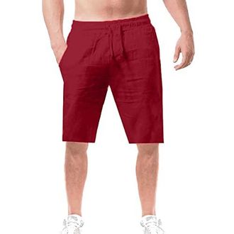 Generic Short ample en coton et lin pour homme - Short d&eacute;t&eacute; d&eacute;contract&eacute; et tendance - Patchwork uni - En coton et ample - Coupe droite, Rouge, 3XL