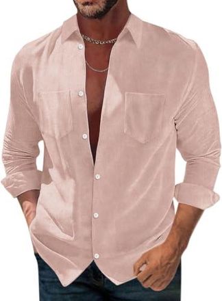 Onsoyours Chemise Homme Velours Côtelé Unie Manches Longues Casual Western avec Poche Regular Fit Couleur Unie Boutonné Chemises légères Chemise Manteau A Rose 