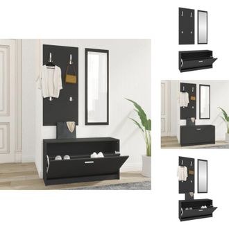 vidaXL 3-tlg. Flurm&ouml;bel-Set Schwarz Holzwerkstoff - Schuhschrank - Garderobe - Spiegel - Flurm&ouml;bel - Holzwerkstoff M&ouml;bel