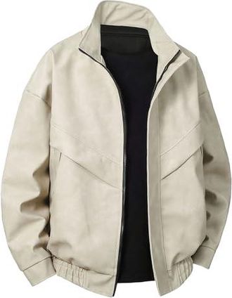Generic Blouson bomber vintage en similicuir pour homme avec col montant, fermeture éclair, surdimensionné, décontracté, manteau rétro pour lautomne et lhiver
