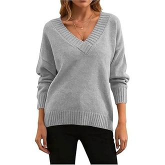 Generic Pull court à manches longues raglan double face col en V pour femme, gris, 5x_l