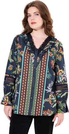 Ulla Popken Damen gro&szlig;e Gr&ouml;&szlig;en &Uuml;bergr&ouml;&szlig;en Plus Size Bluse, Spitze, R&uuml;schen, V-Ausschnitt, Langarm Marine 46+ 822507130-46+