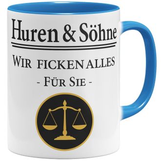 OM3 Anwalt Kaffee-Tasse mit Spruch - Huren & S&ouml;hne - Lustige Jura Spruch f&uuml;r Studenten & Juristen - Keramik Becher - 325ml - Beidseitig Bedruckt - Hellbla