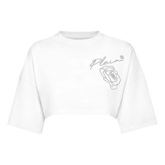 Philipp Plein Femme, Tops, Blanc, Taille: 40 FR T-Shirt Col Rond Roses
