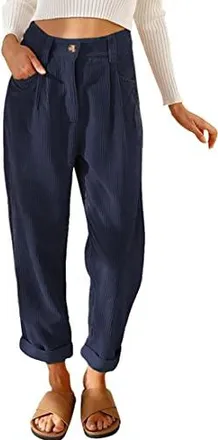 Onsoyours Femmes Élastique Taille Velours Côtelé Pantalons Casual Taille Haute avec Poches Marine XL