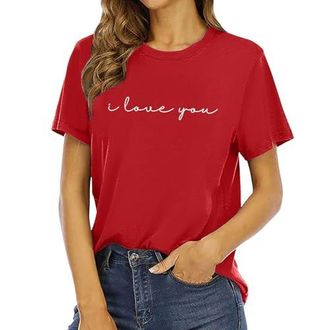 Generic T-shirt d&eacute;contract&eacute; &agrave; manches courtes pour femme Motif Saint-Valentin 2026, Rouge, XXL