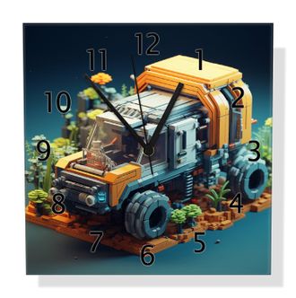 Wallario Design-Wanduhr Truck im Pixelstil aus Glas, Motiv-Uhr Größe 30 x 30 cm, Schwarze Zeiger