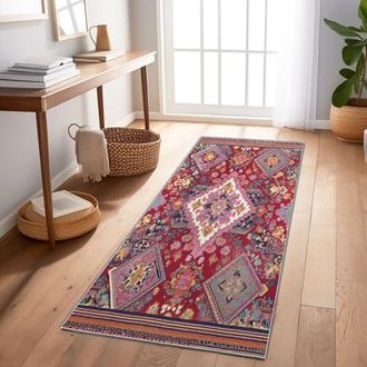 Generic Tapis de Passage Couloir Long Boh&egrave;me g&eacute;om&eacute;trique Floral Cuisine Devant Evier Antid&eacute;rapant 80x200 cm Absorbant Tapis d Entree Interieur pour Beige Roug