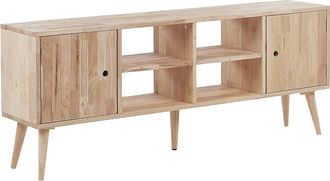 Beliani Moderner TV-Schrank Hellbraun aus Gummibaumholz 2 T&uuml;ren 4 offene F&auml;cher Chandler