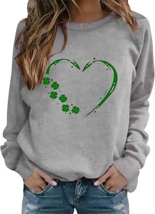Generic Sweat-shirt de la Saint-Patrick pour femme Col rond Coeur Trèfle Imprimé Trèfle porte-bonheur Manches longues Tenues Paddys Day, gris, XL