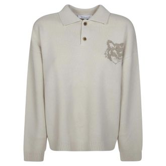 Maison Kitsun&eacute; Fox Head Intarsia Merino Polo Pullover - - Tops - Herren - Beige - S