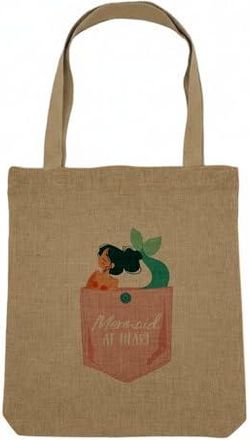 Fabulous Sac Shopping Tote Bag Aspect Lin - Surprise Pocket Mermaid Sea Ocean Drawing - Sac de Courses Toile Epaisse 360g Beige Naturel Cabas Port&eacute; Epaule Soli