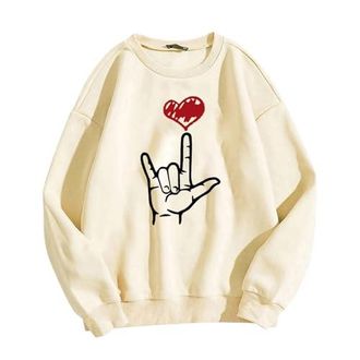 Generic Haut &agrave; capuche &agrave; manches longues et col rond pour femme - Confortable et d&eacute;contract&eacute; - Imprim&eacute; - Pour la Saint-Valentin, beige, M