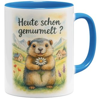 OM3 Lustige Murmeltier Kaffee-Tasse mit Spruch - Heute schon gemurmelt? - Keramik Becher - 325ml - Beidseitig Bedruckt - Hellblau