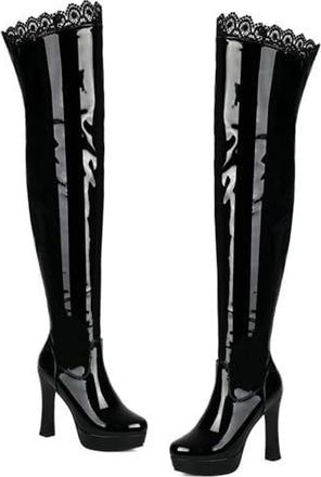 Generic Bottes extensibles au-dessus du genou pour femme - Bout rond - Fermeture éclair latérale - Pour fête sur défilé, Noir, 39.5 EU