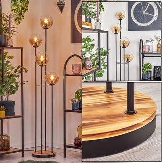 HOFSTEIN Stehleuchte Gastor, Stehlampe aus Metall/Holz/Glas in Schwarz/Natur/Bernstein/Klar, Leuchte im Retro/Vintage-Design (&Oslash; 15 cm), Fu&szlig;schalter, 147 cm, E1