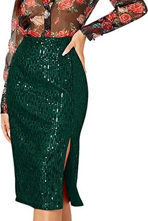 Generic Jupes pour femmes couleur unie paillettes mode taille haute slim hanche d&eacute;contract&eacute;e demi-body jupe 2026 dames jupes midi d&eacute;contract&eacute;es, Vert, M