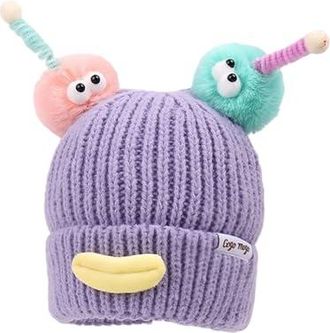 Generic Bonnet tricot&eacute; avec yeux et antenne d&eacute;corative pour enfants, accessoires de chaleur dhiver, parent-enfant, mignon petit monstre lumineux en tricot, bo