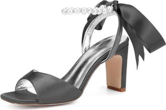 Generic Chaussures De Mariage Femmes Bloc Chunky Mariée Talon Heel Ouvert Bout Hauts Sandales Pearls Décontracté Dress Chaussures 8Cm,Noir,38 EU