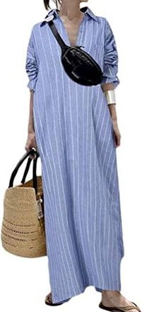 Minetom Robe Maxi Longue Femme Été Casual Rayure Robe Blouse Chemisier Party Grande Taille Col V Manches Longues Robe B Bleu XXL