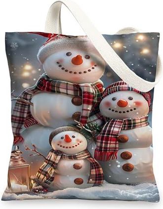 Generic Sacs fourre-tout en toile motif bonhomme de neige, sacs dépicerie réutilisables, légers et lavables, blanc, 13x15 Inch
