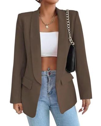 TOMWELL Blazer Femme Manches Longues Casual Revers OL Business Veste de Costume Devant Ouvert Manteau Cardigan Blazer Jacket avec Poches A Caf&eacute; XXL