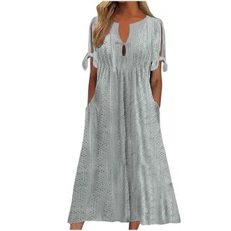 Generic Robe d&eacute;t&eacute; &agrave; manches courtes pour femme - Couleur unie - Tendance - D&eacute;contract&eacute;e - Col en V - Manches longues -, gris, 3XL