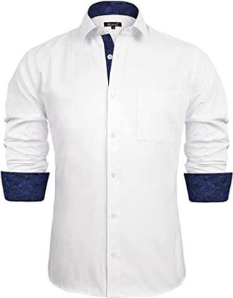 Alizeal Chemise business homme coupe slim business chemise patchwork à manches longues avec fermeture boutonnée, Blanc + bleu roi-XL