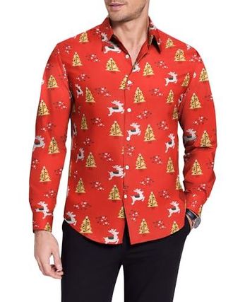 Coofandy Chemise de No&euml;l pour Homme Motif Imprim&eacute; 3D Chemise de Loisirs Chemise Manches Longues Chemise Dr&ocirc;le Chemise avec Design Festif Funky Christmas No&euml;l R