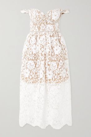 Self Portrait Robe Midi Épaules Nues En Dentelle Cordonnet À Cristaux - Blanc