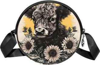 Generic Sac &agrave; bandouli&egrave;re rond pour femme, motif vache et tournesol avec fermeture &eacute;clair et bretelles r&eacute;glables