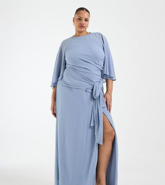 Tfnc Plus Linvit&eacute;e - Robe longue en mousseline &agrave; manches &eacute;vas&eacute;es avec liens et fente sur la cuisse - Bleu cendr&eacute;