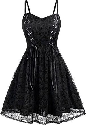 Generic Robe Medievale Femme Vintage, Robe Bretelles Fines à Lacets De Soiree Imprimé dhalloween Elegant Taille Haute Dress Retro Renaissance Victorienne Carn